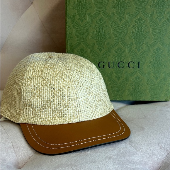 Gucci | Accessories | Gucci Raffia Straw Baseball Cap With Leather Brim ...